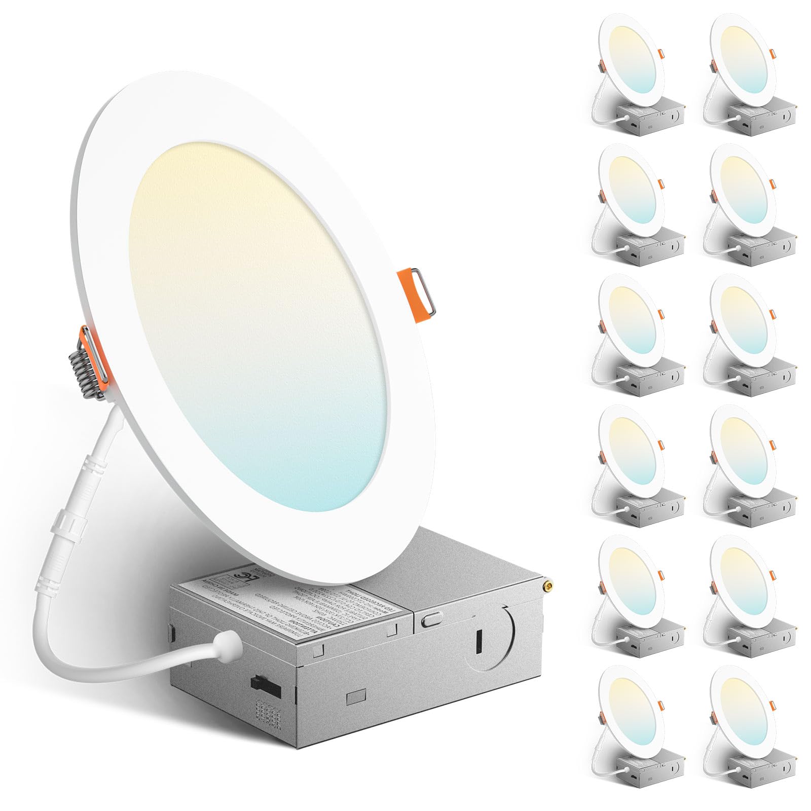 Amico 12 Pack 6 Inch 5CCT Ultra-Thin LED Recessed Ceiling Light with Metal Junction Box, 2700K ...