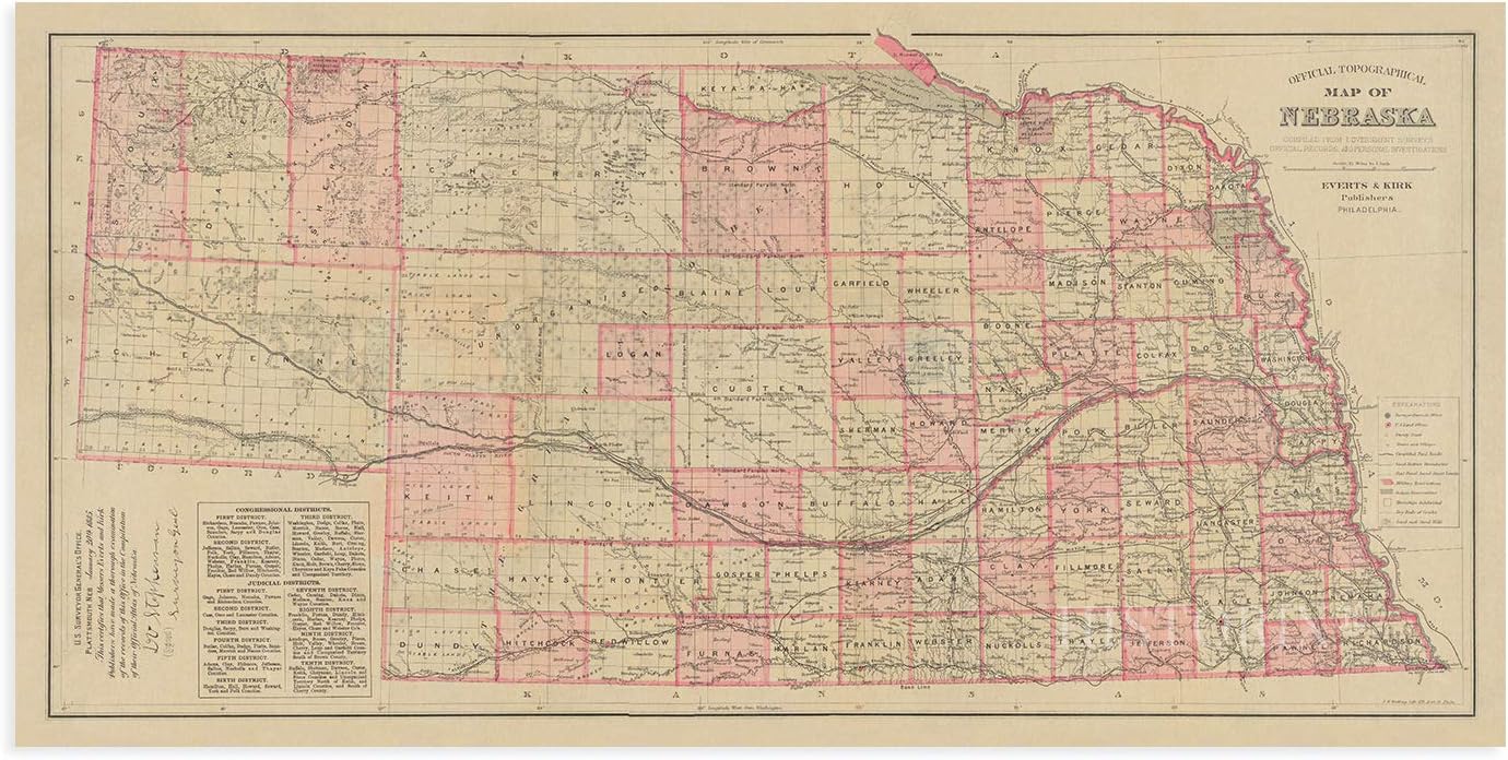 1885 Nebraska Map Art - Vintage State of Nebraska USA Wall Decor Poster ...