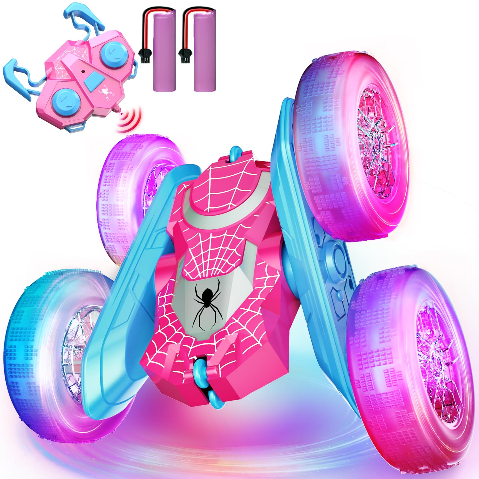 NQD Pink Remote Control Car for Girls, 360° Spin Flip RC Stunt Car with Flashing Wheel Lights 2 ...