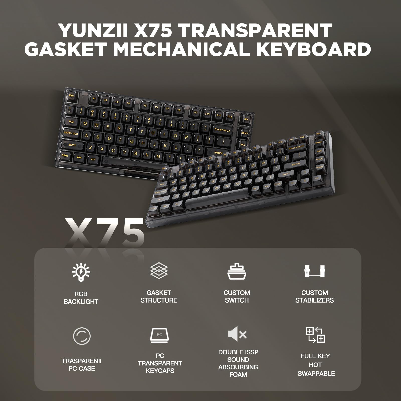 Mua YUNZII X75 Hot Swap Mechanical Keyboard Transparent Key Cap Gasket ...