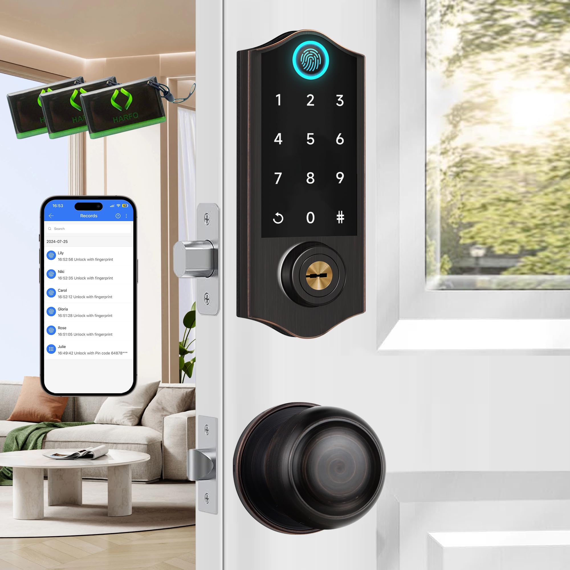 Harfo Fingerprint Smart Door Locks for Front Door with Handle Set, App Control, Keyless Entry ...