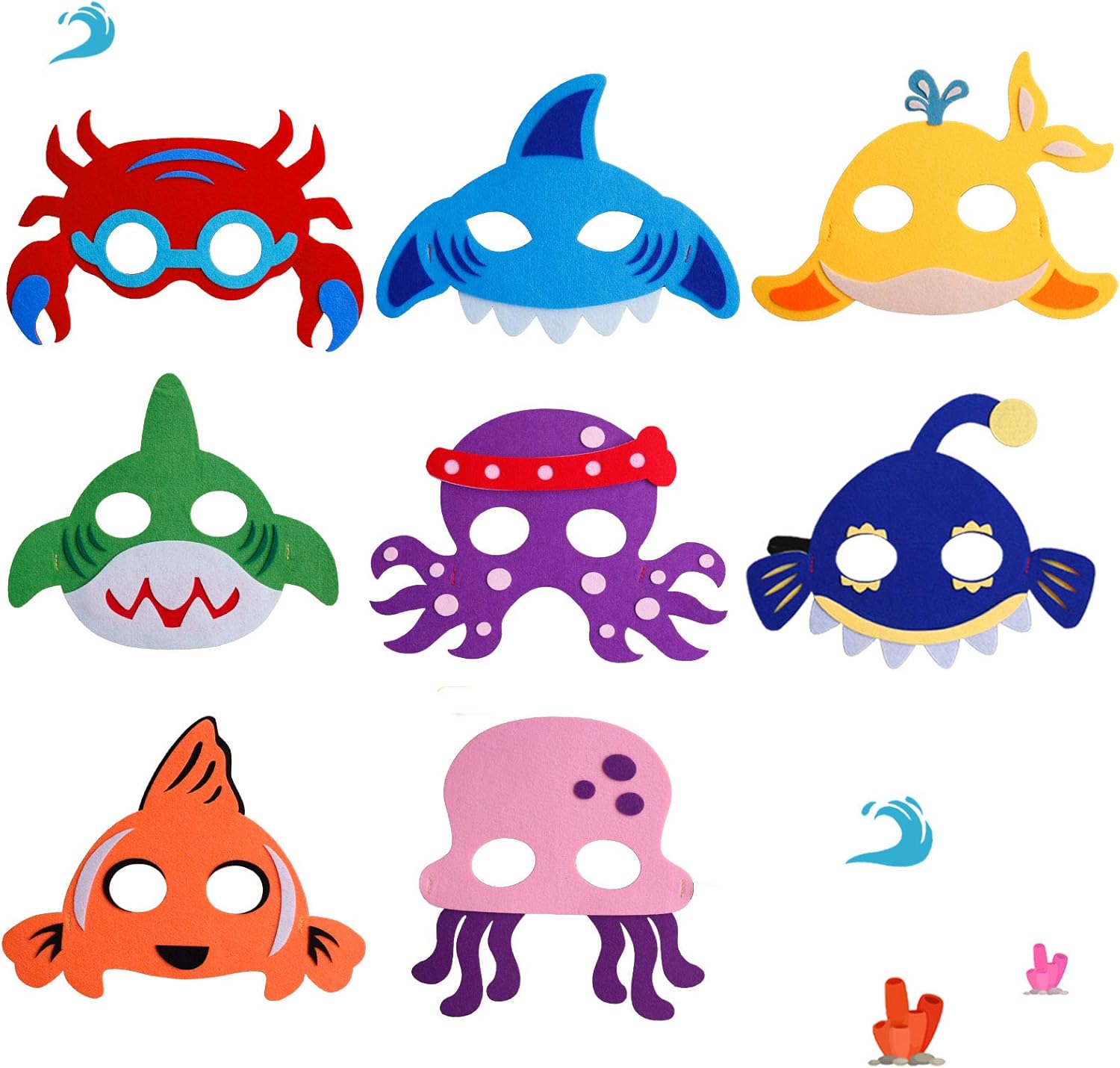 Amazon.com: 8 Assorted Ocean Felt Animals Masks Bulk for Kids Party ...
