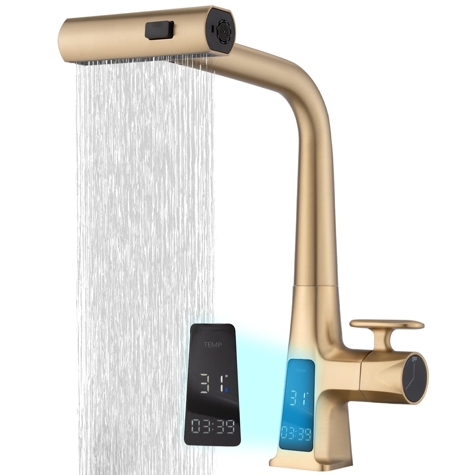 Gold Waterfall Kitchen Sink Faucet with LED Temperature and Usage Time ...
