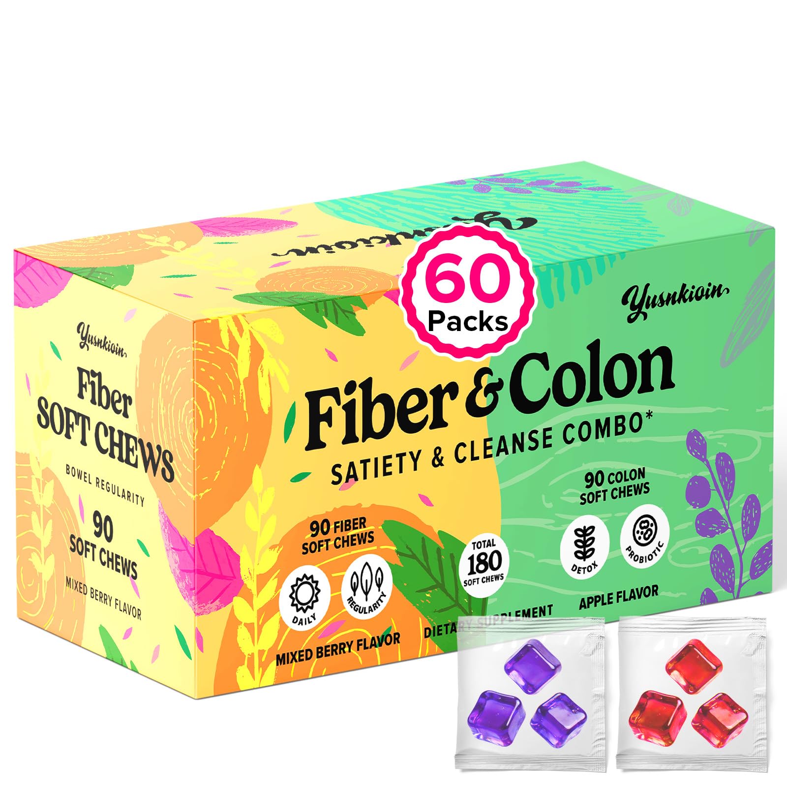 Fiber Gummies & Colon Gentle Cleanse, 180 Soft Chews 12g Fiber ...