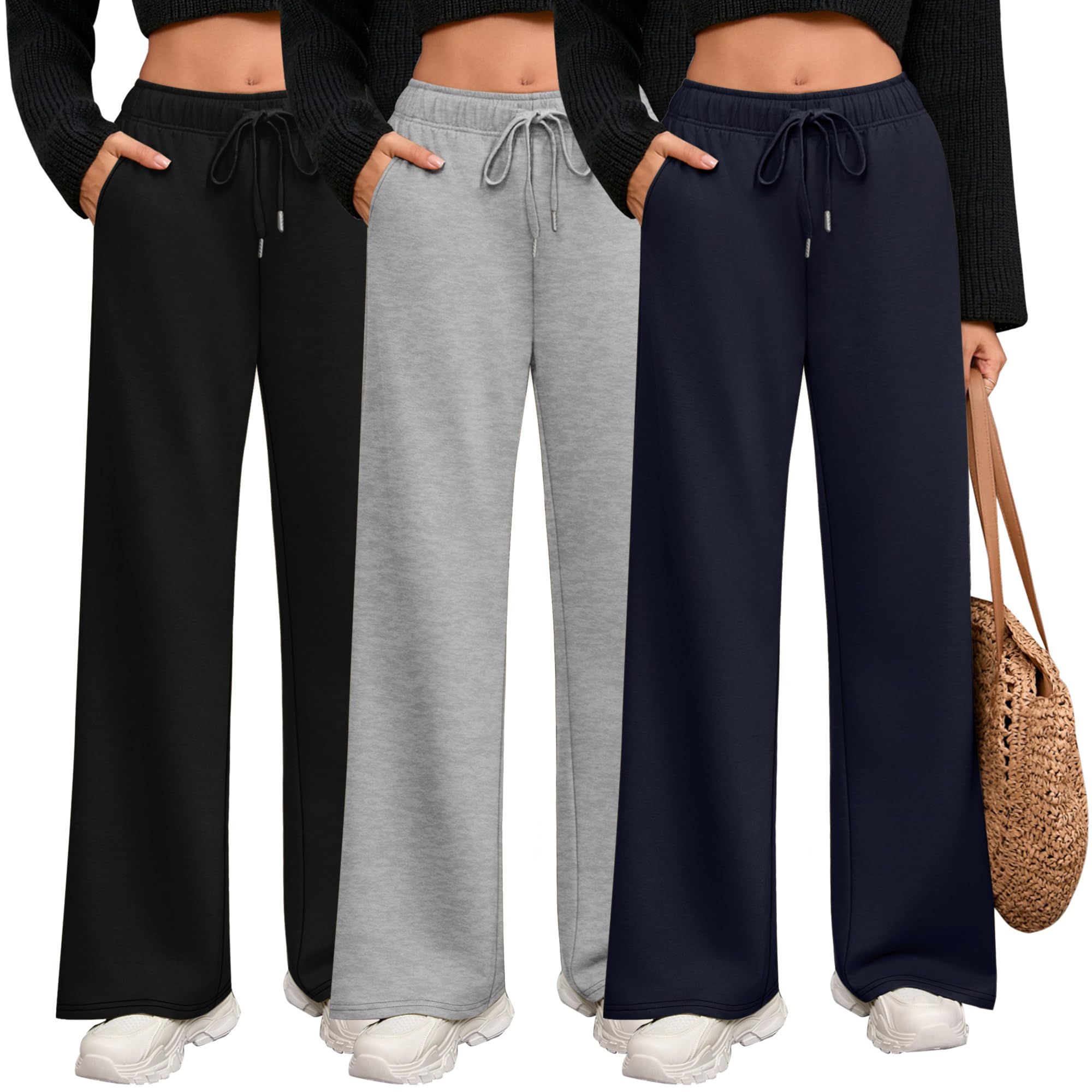Riyiper 3 Pack Women Wide Leg Sweatpants Drawstring Straight Pants ...