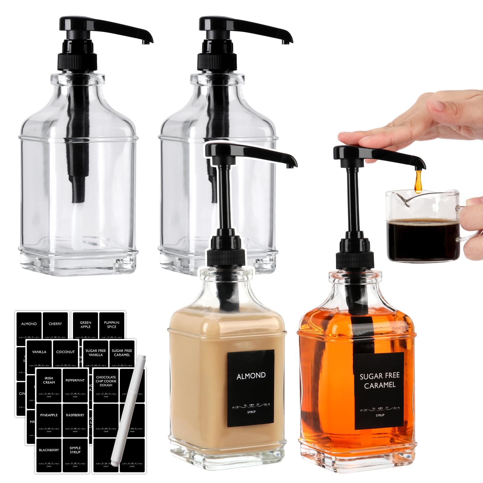 BIGIVACA 4 Pack Coffee Syrup Dispenser 16 oz,Clear Glass Syrup Bottle ...