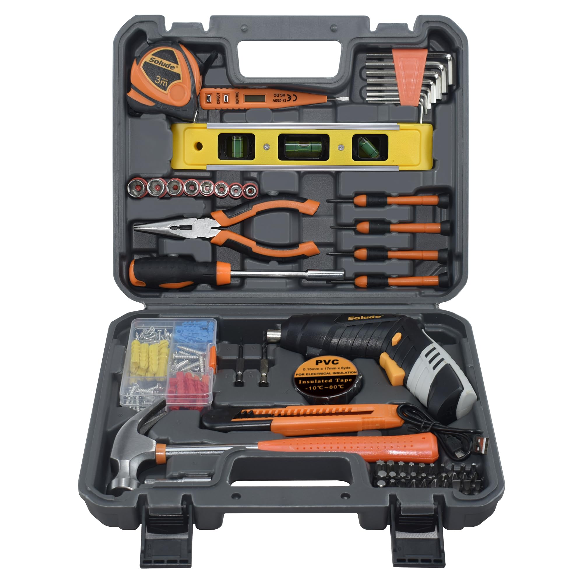 SOLUDE 130-Piece Home Tool Kit with 3.6V Cordless Rechargeable ...
