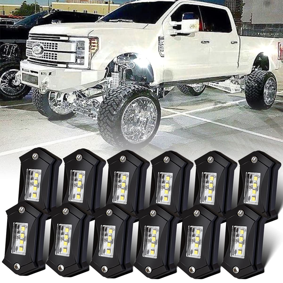 LedNenon R3 LED White Rock Lights 12Pods Die-Cast Aluminum 6000K Super ...