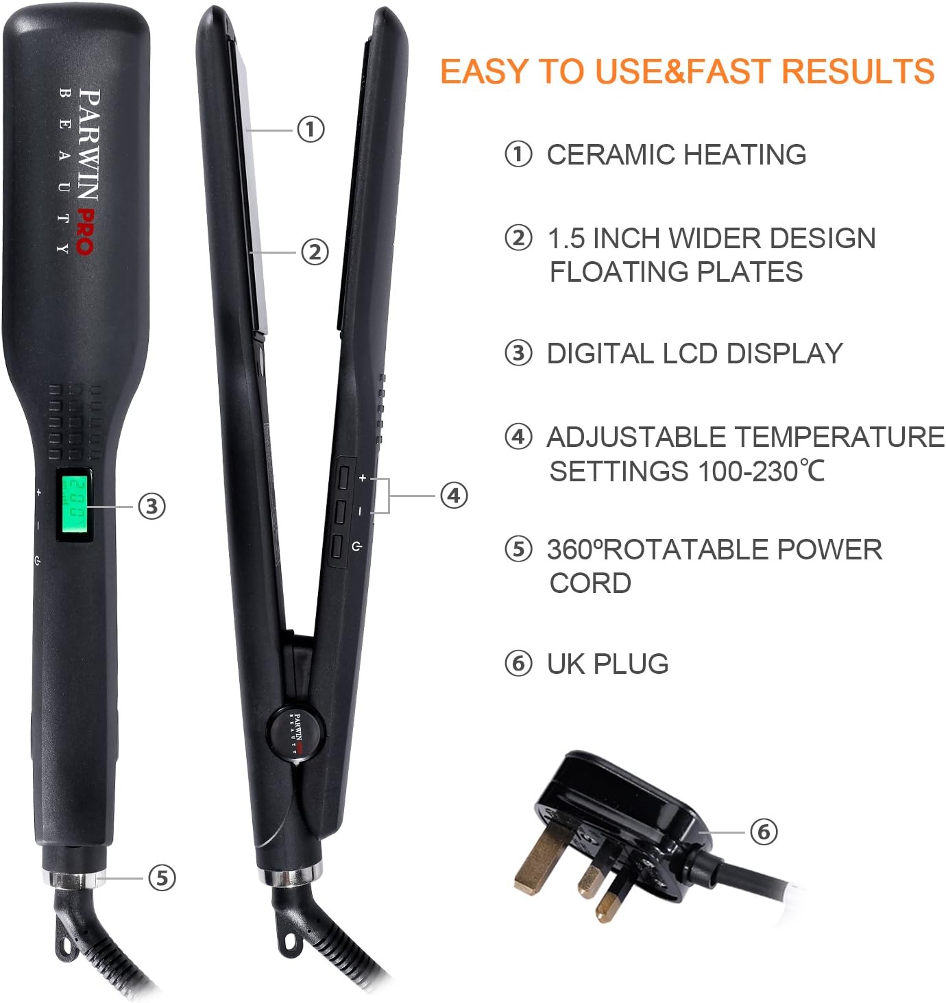 PARWIN PRO 1.5 inch Hair Straighteners Wide Plates Flat Iron with 230 ...