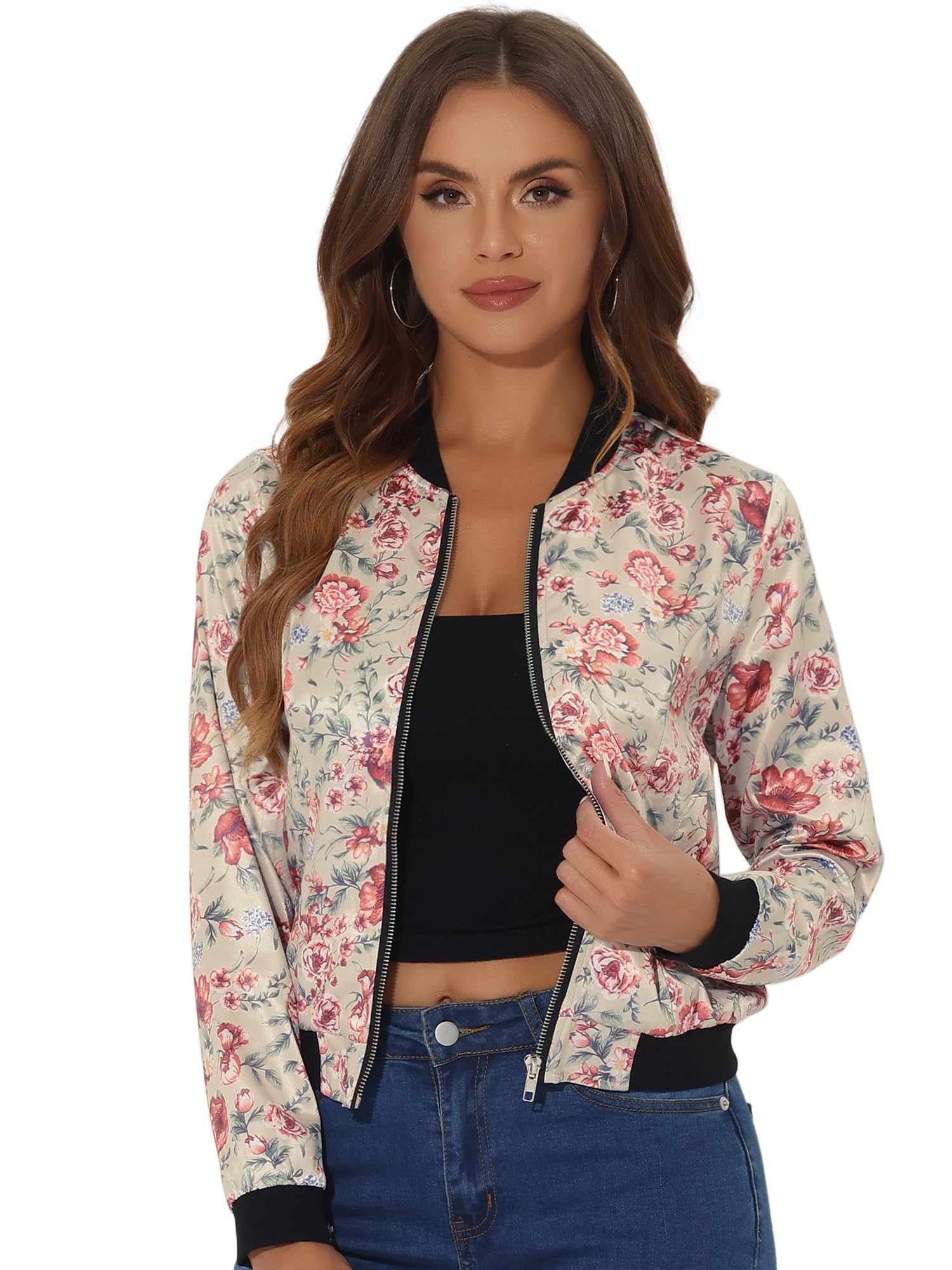 Allegra K Women's Winter Bomber Jacket Long Sleeve Stand Collar Zipper ...