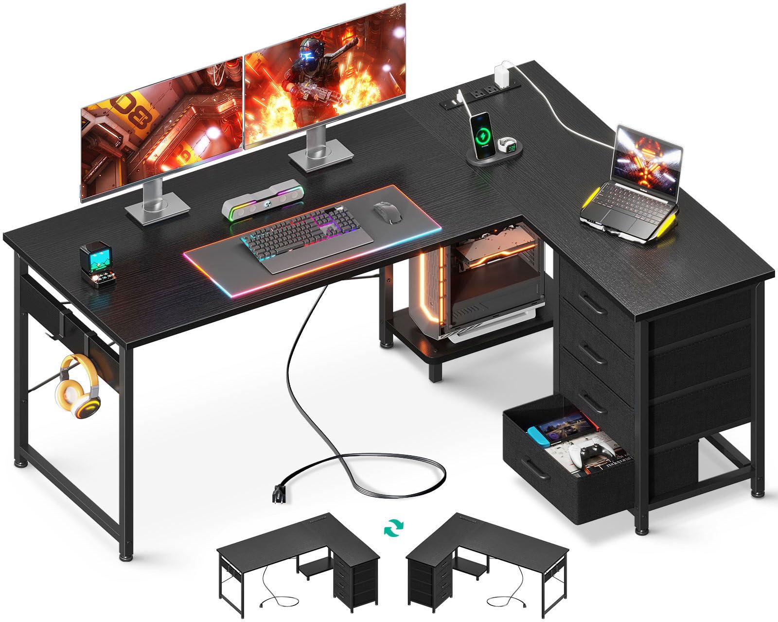 AODK L Shaped Gaming Desk with 4 Drawers, 53" Reversible Home Office ...
