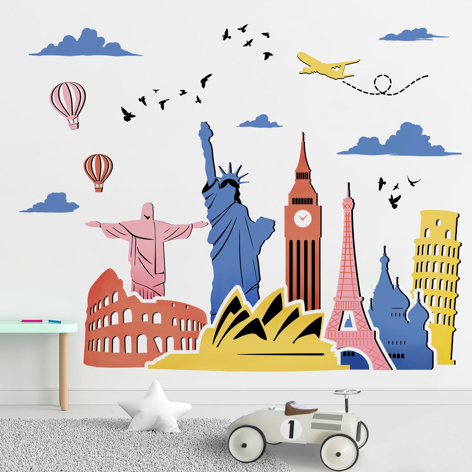 Yovkky World Famous Landmarks Buildings Wall Decals Stickers, Globe ...