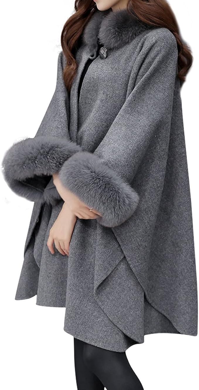 Huixin Damen Cape Wintermantel Woll Capes Hoher Kragen Fur Collar ...