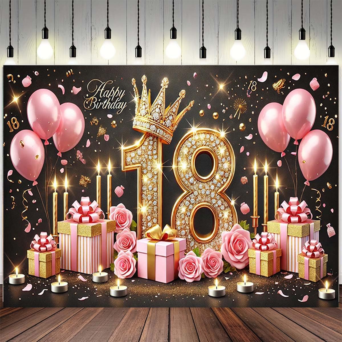 Happy 18th Birthday Backdrop Banner Black and Pink Balloons Golden ...
