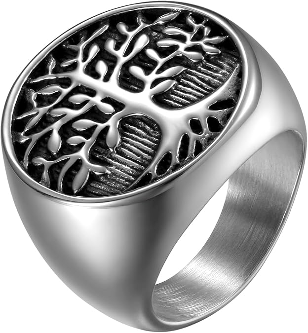 JewelryWe - Anillo para hombre, anillos de sello redondos de acero inoxidable Árbol de la vida ...