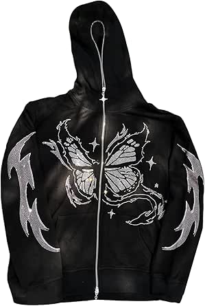 Women Full Zip Up Over Face Hoodie Y2K Graphic Rhinestone Skeleton ...