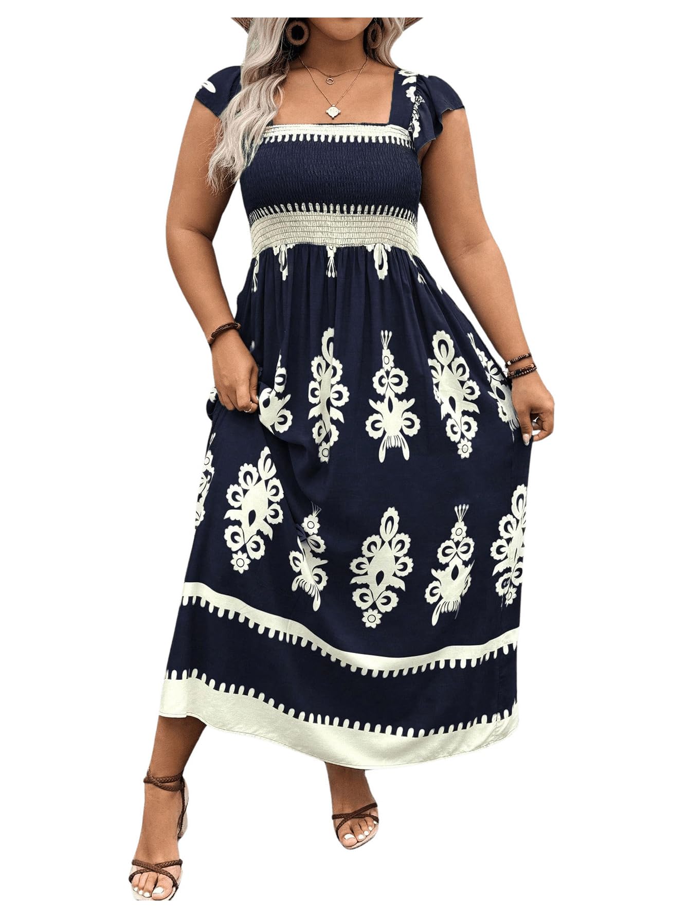 SHENHE Women's Plus Size Square Neck Tie Back Smocked Flutter Sleeve Flowy Maxi Boho Dress Deep ...