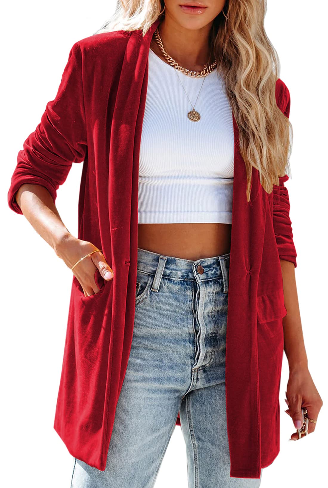 futurino Women's Long Velvet Cardigan Jacket Lapel Collar Casual Velour ...