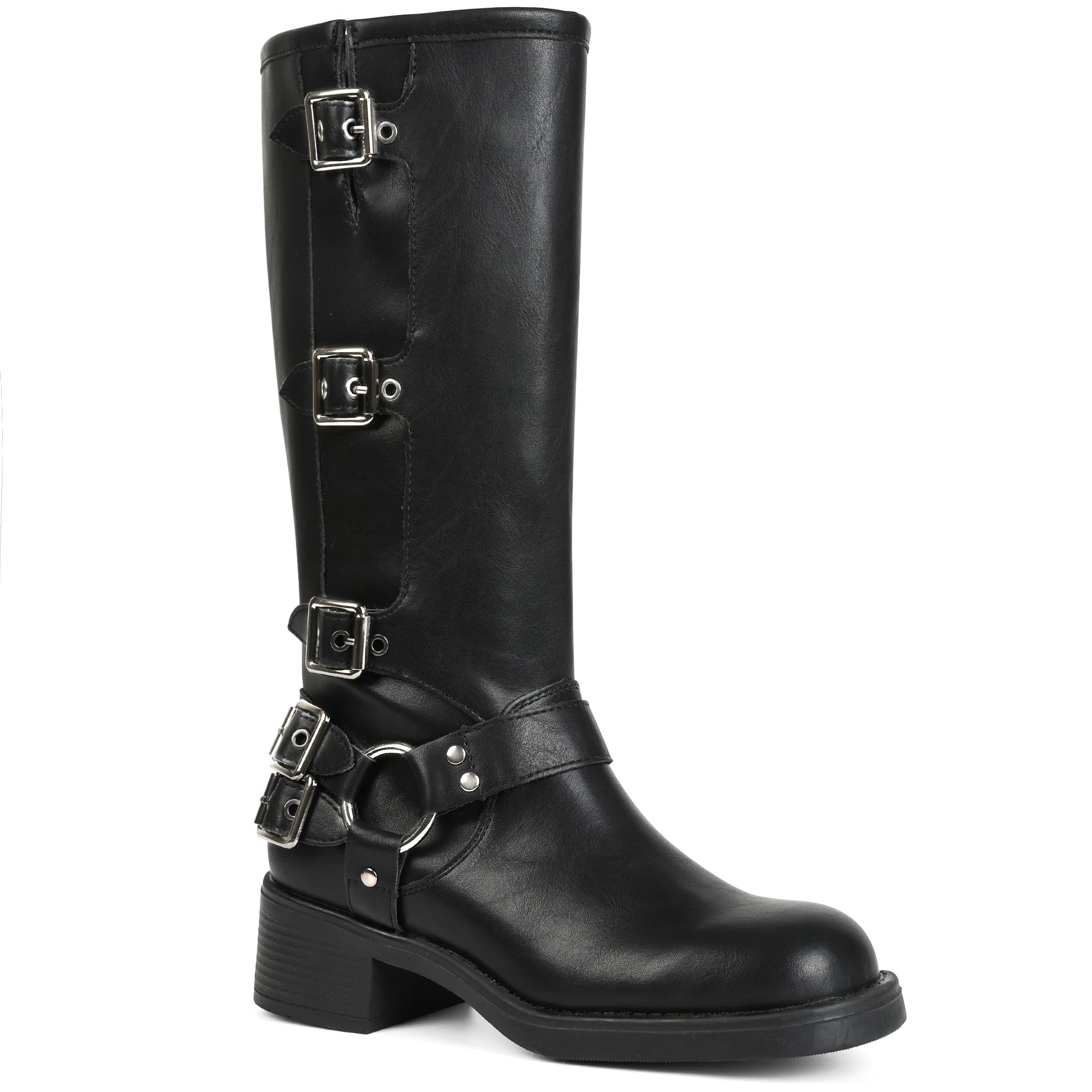 AMINUGAL Black Knee High Boots Women Square Toe Pull On Boots Wide Calf ...