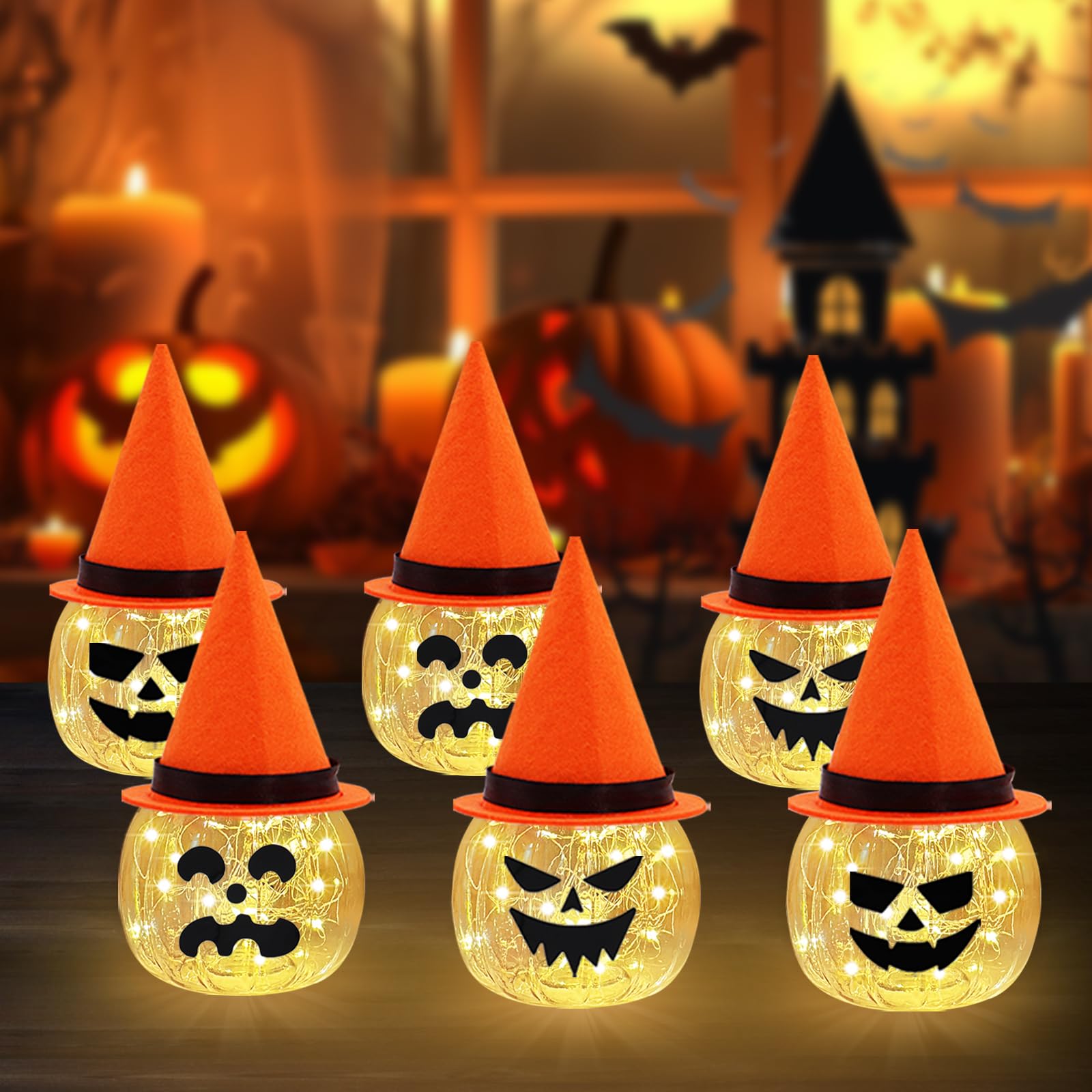 Halloween Lights for Halloween Table Decorations, 6 Pcs Pumpkin Mason ...