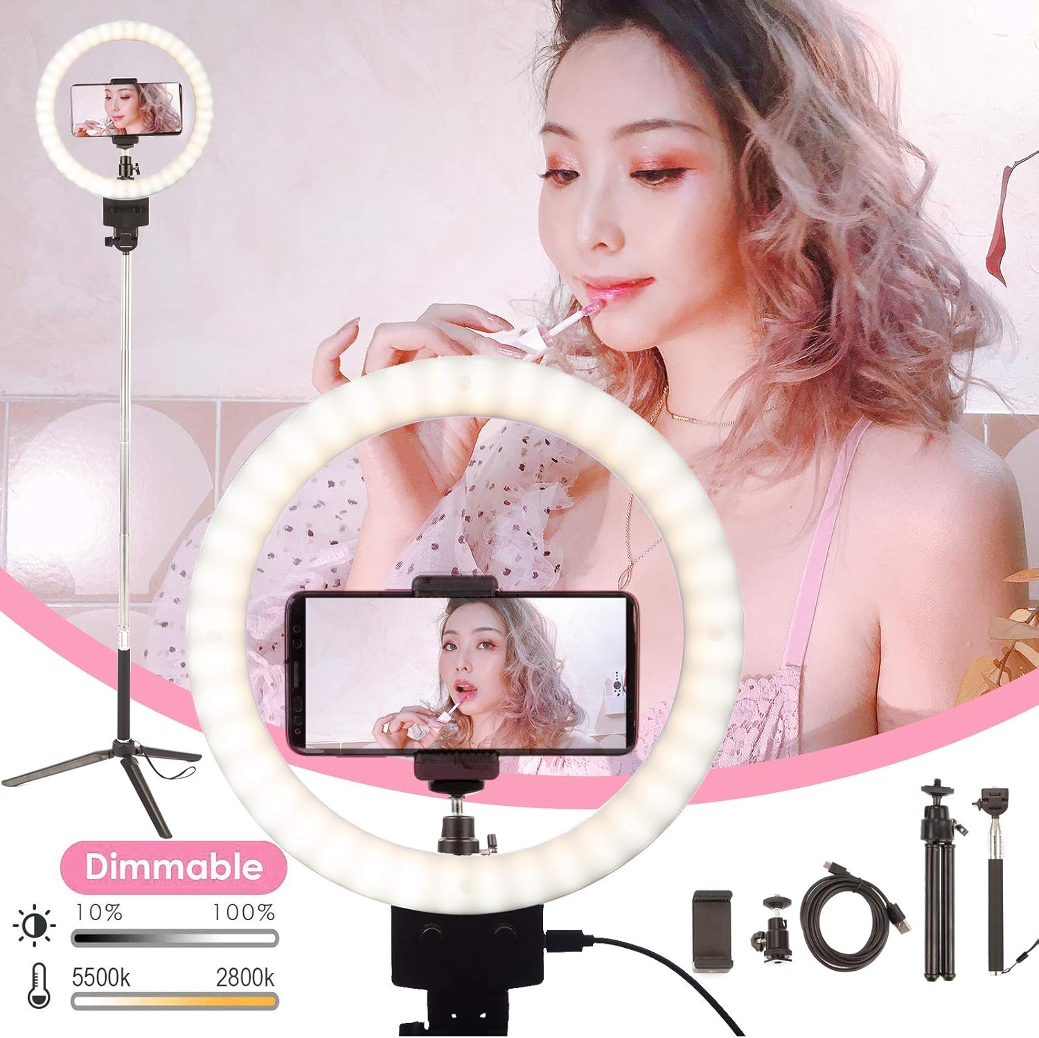 LED Ring Light 9″ Selfie Desktop Makeup Mini Ring Light Kit with Tripod Stand, 4 Dimmable Colour ...