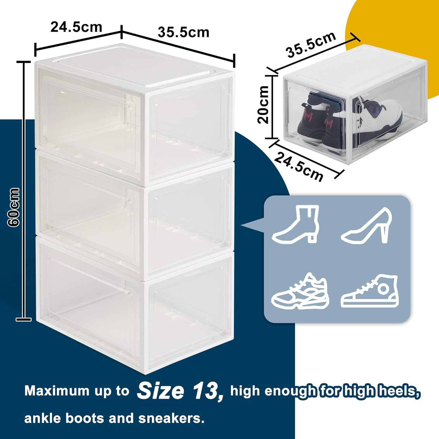 Hododou Shoe Box 3pcs Stackable Shoe Stroage box Clear Plastic Shoe Box ...
