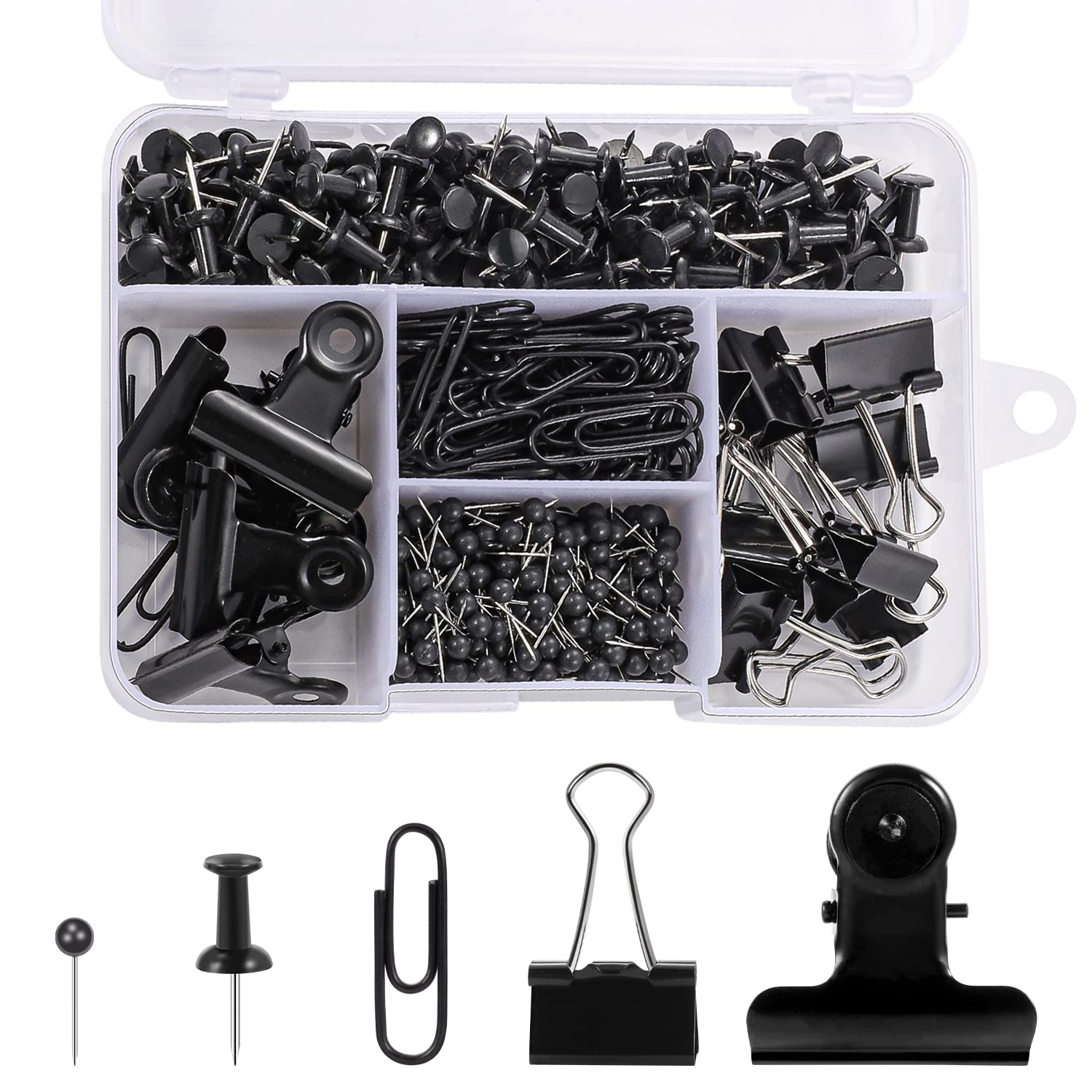 500 Pcs Black Push Pins Set, Binder Clips, Paper Clips, Map Tacks Sets ...