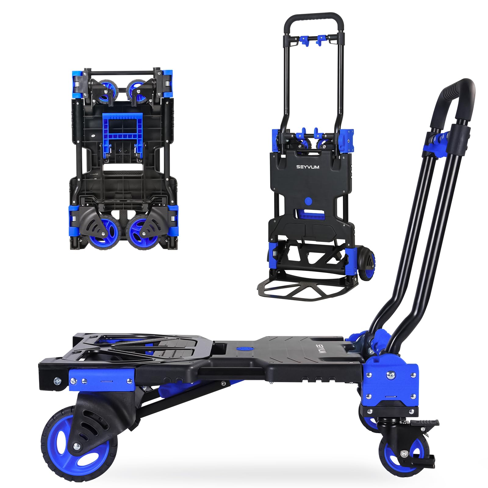 SEYVUM Folding Hand Truck with Brakes, 2 in 1 Dolly Cart with 4 Wheels ...