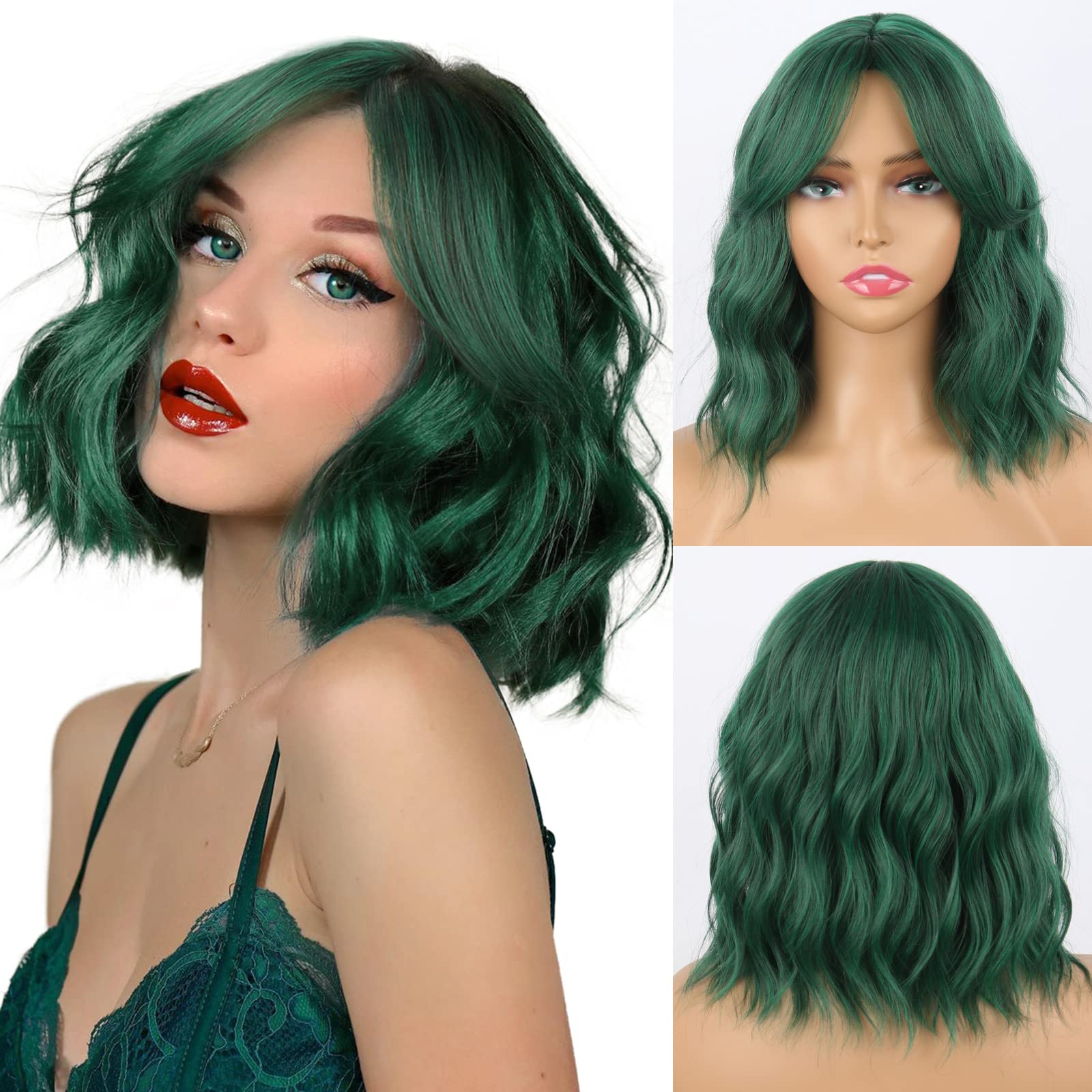 Dark Green Wavy Bob Wig with Curtain Bangs Synthetic Short Green Curly ...