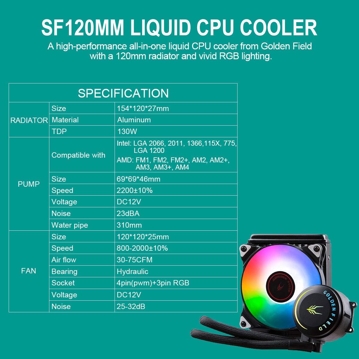 GOLDEN FIELD SF120 RGB All-in-One Liquid CPU Cooler With 120mm Radiator ...