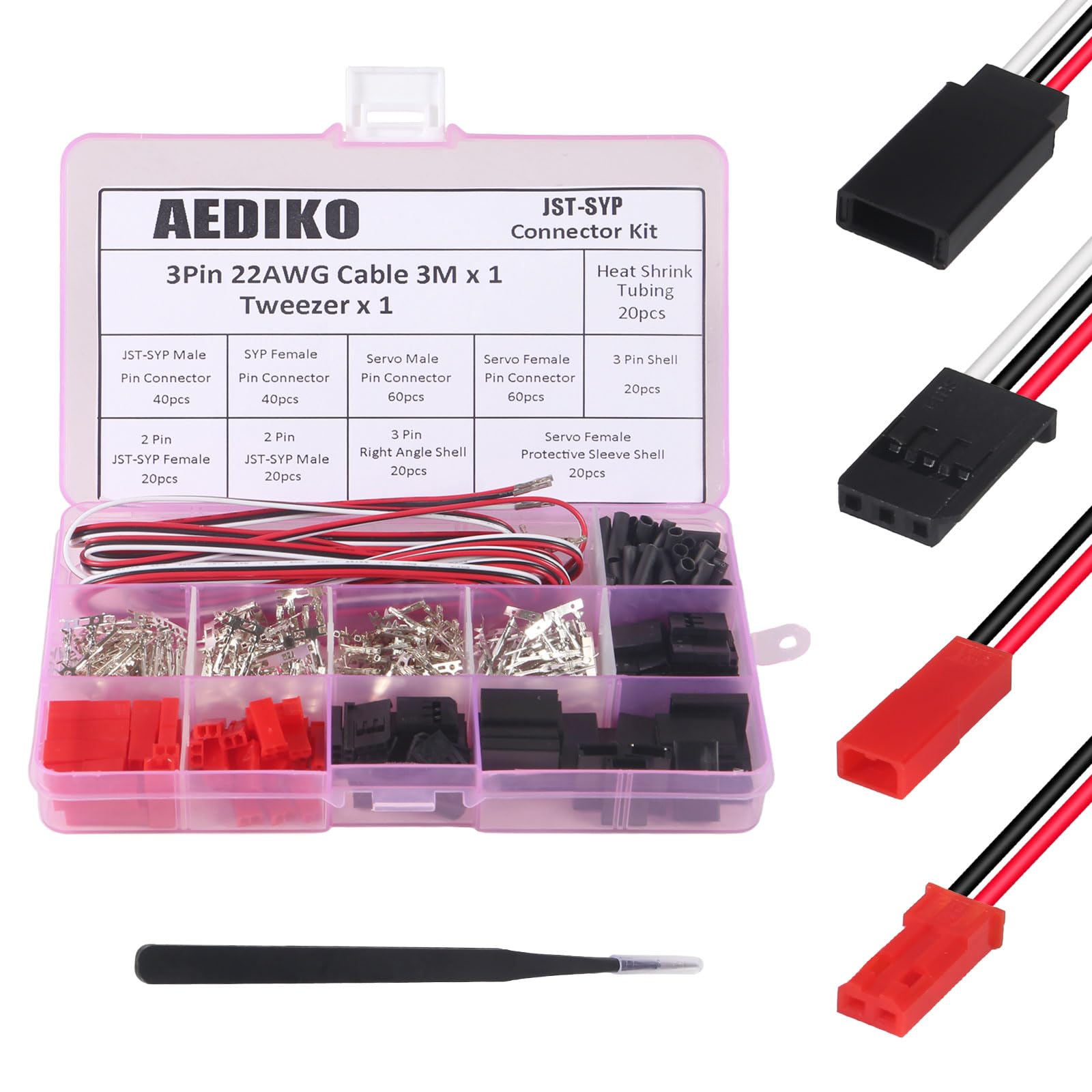 AEDIKO JST Servo Connector Kit 40 Sets Servo Plug Male Female Connector Crimp Pin Cable Kit ...