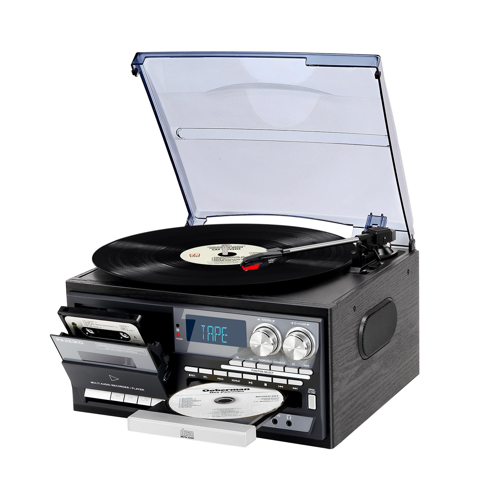 PAREIKO 9 in 1 Record Player 3 Speed Bluetooth Vintage Turntable CD ...