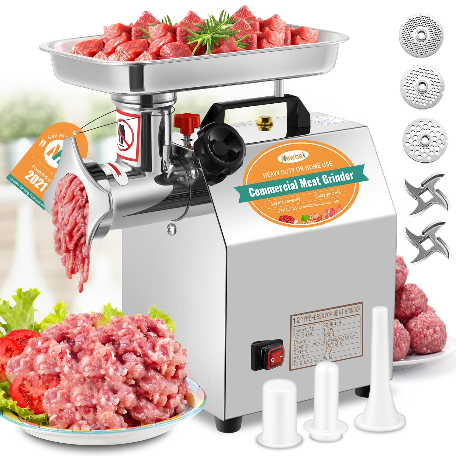 Newhai 1.3HP Commercial Meat Grinder Electric Meat Grinding Machine Heavy Duty Industrial Meat ...