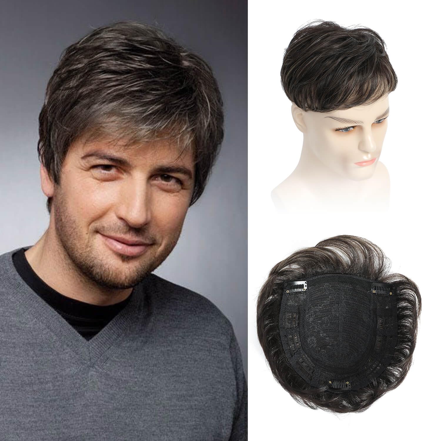Ms Taj Toupee Hair for Men 6"*6.5" Clip in Male Hairpieces Dark Brown ...