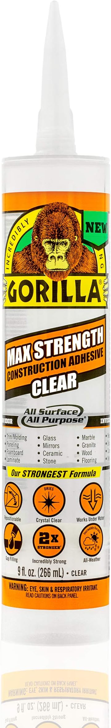 Gorilla Max Strength Clear Construction Adhesive, 9 Ounce Cartridge ...