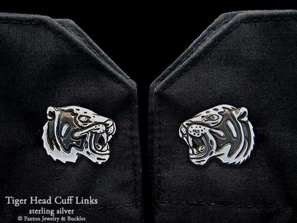Amazon.com: Tiger Head Cuff Links in Solid Sterling Silver Hand Carved ...