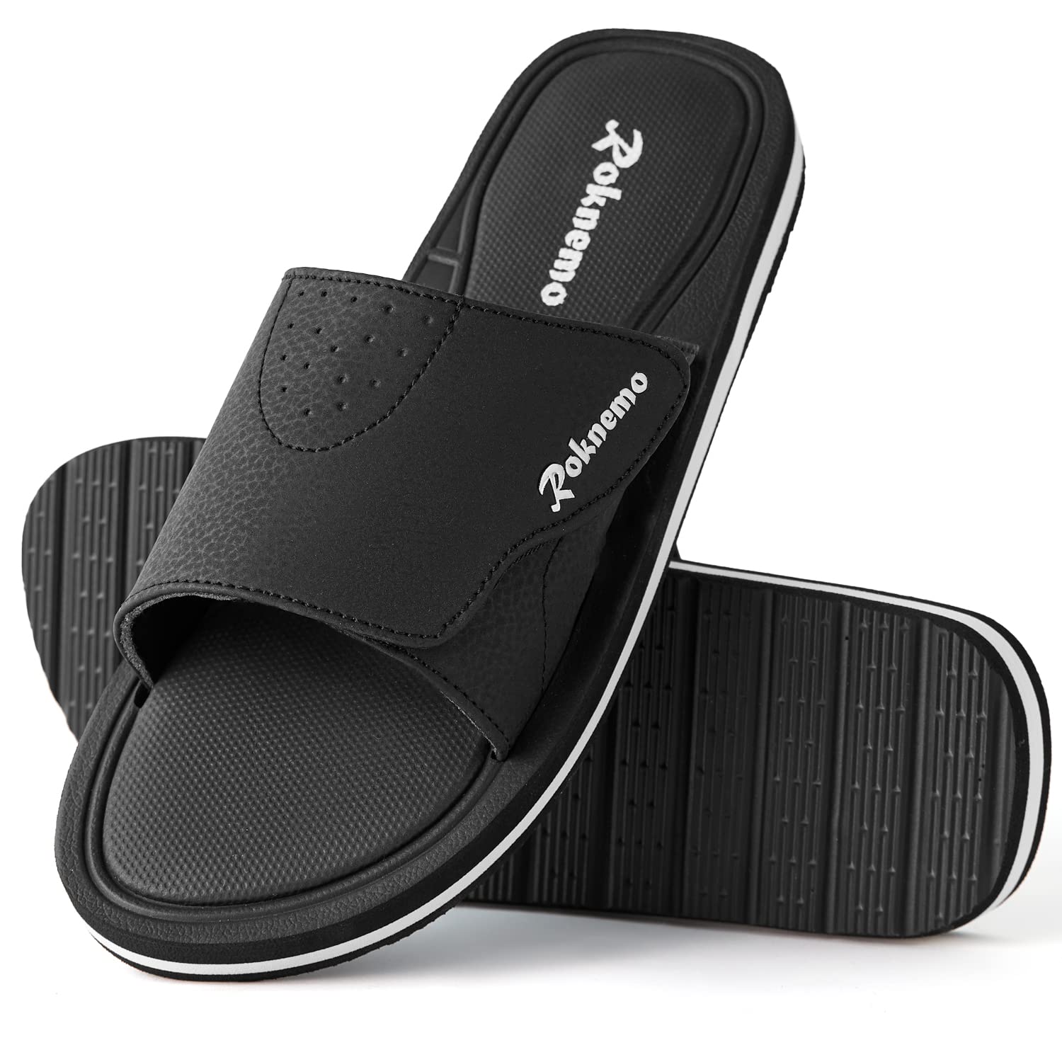 Roknemo Men's Slide Sandals - Adjustable Memory Foam Slides - Comfort ...