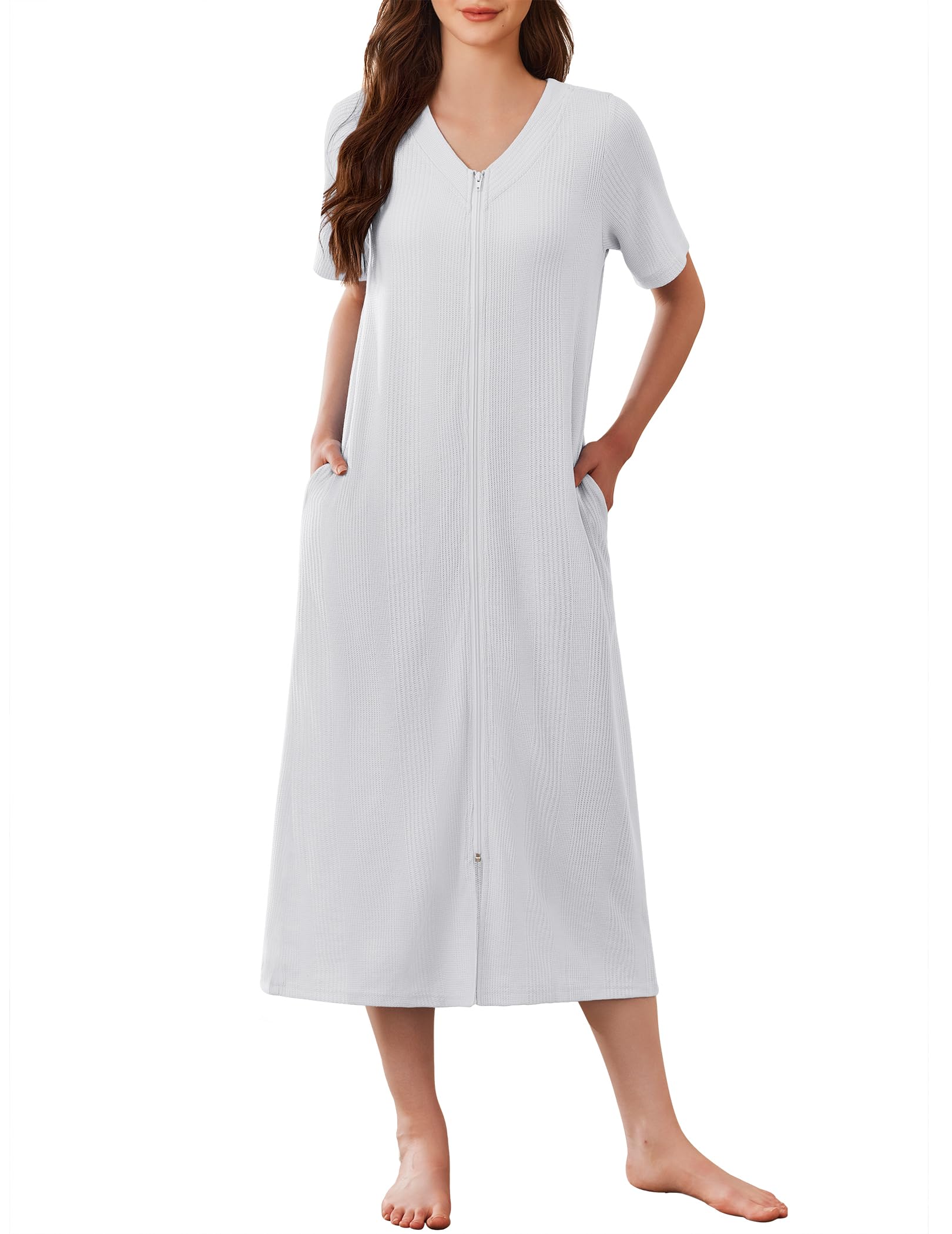 Ekouaer Zip Up Robe for Women Long Housecoat Waffle Knit Bathrobes Cozy ...