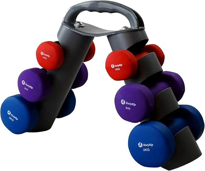BodyRip Neoprene Dumbbell 7pcs 12kg Set with Stand, Ergocomfort Grip ...