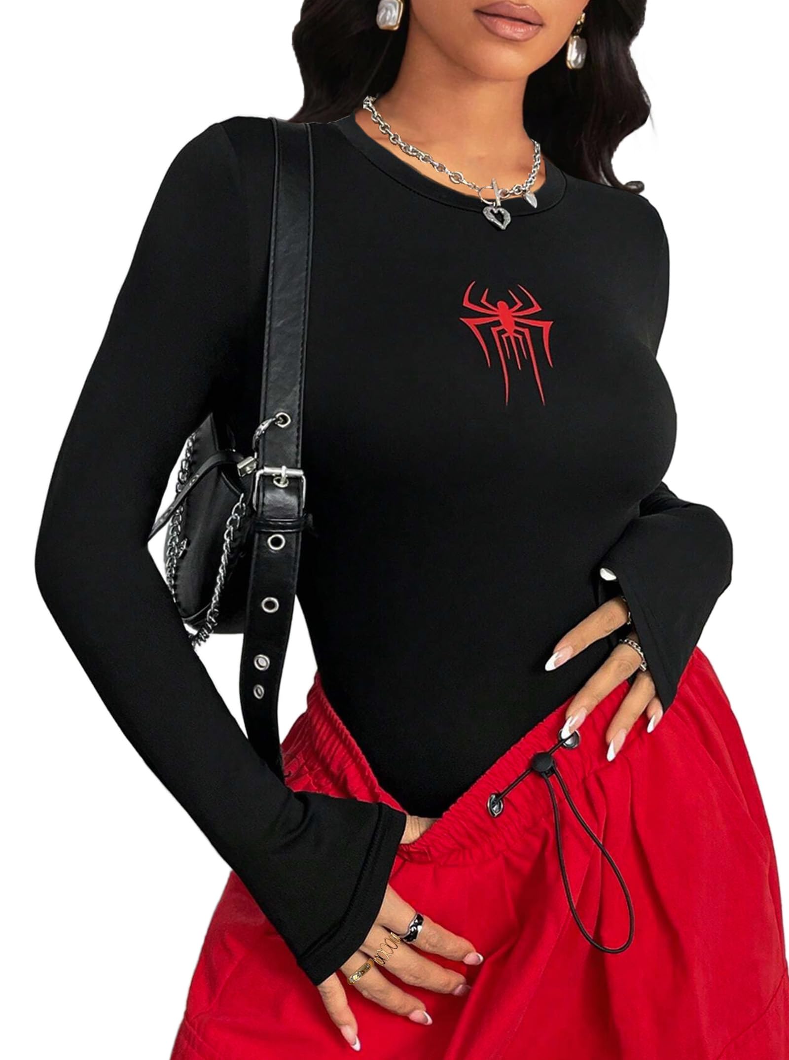 Hilinker Women's Spider Graphic Long Sleeve Top Workout Basic Crew Neck ...