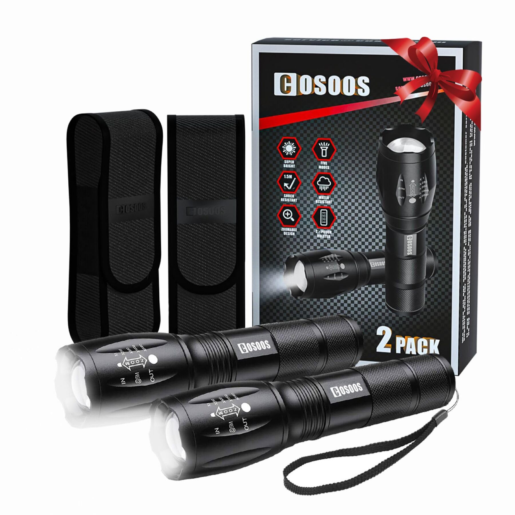 COSOOS 2 Tactical Flashlights with Holsters, Bright LED Flashlight High ...