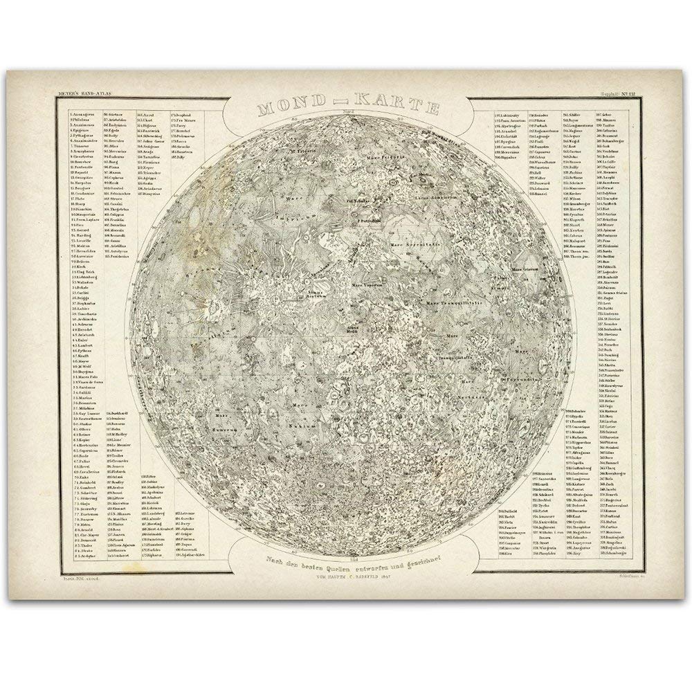 Buy Moon Art Space Vintage Antique - Moon Surface Phase Academia Chart ...