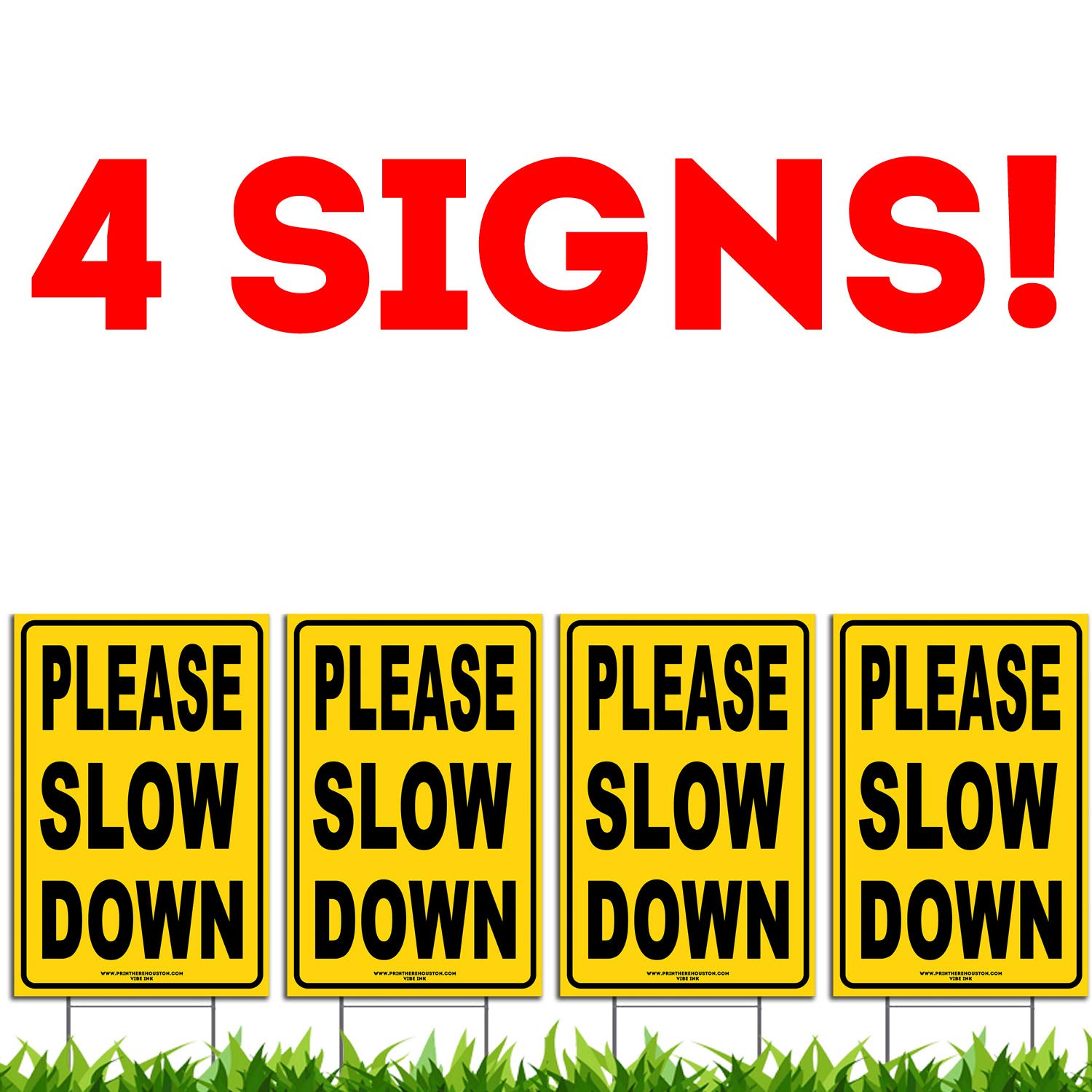 Bundle of (4) PLEASE SLOW DOWN 12" x 18" Yellow Safety Sign + Metal ...