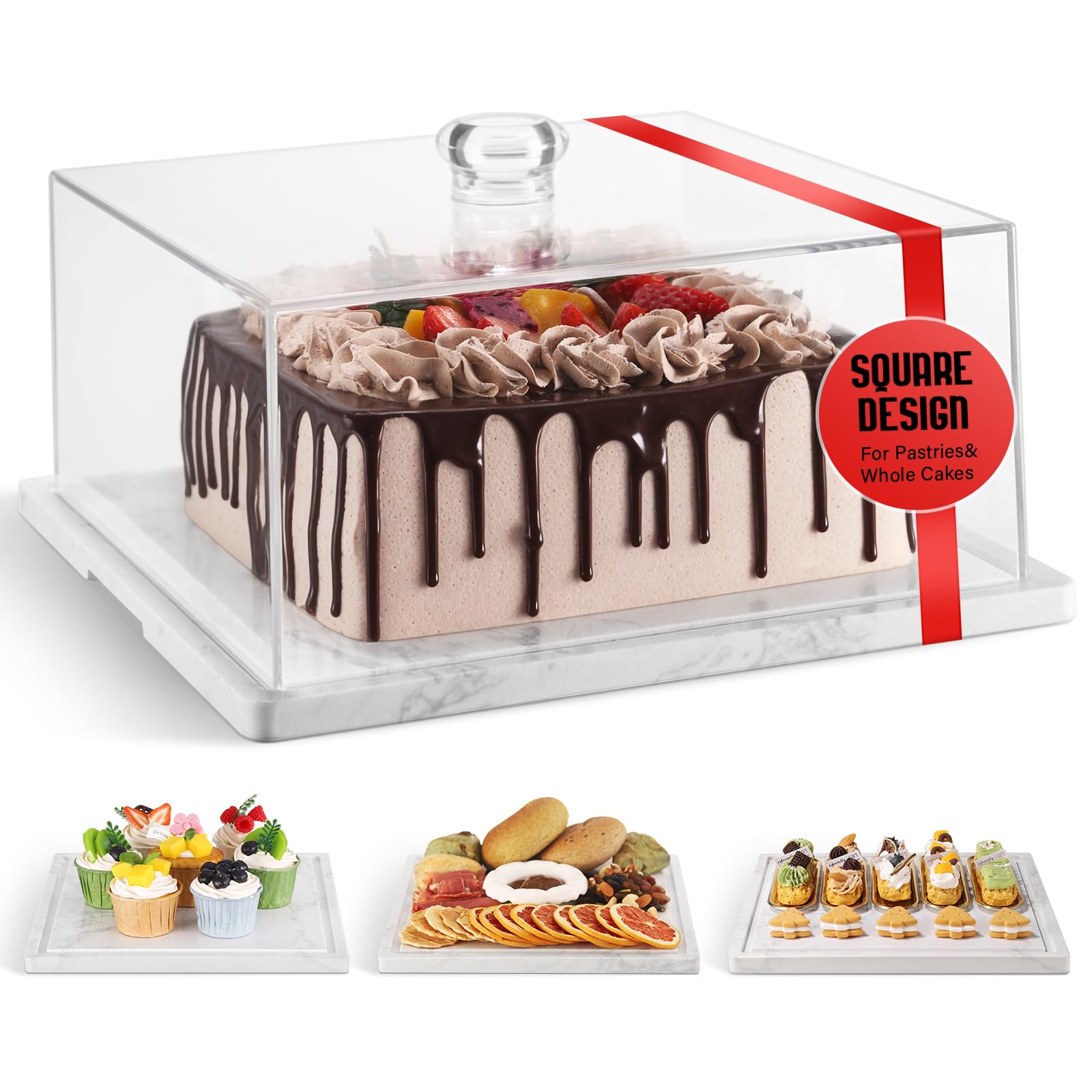 Square Cake Stand?Marble Cake Holder with Dome?Wedding Dessert Stand ...