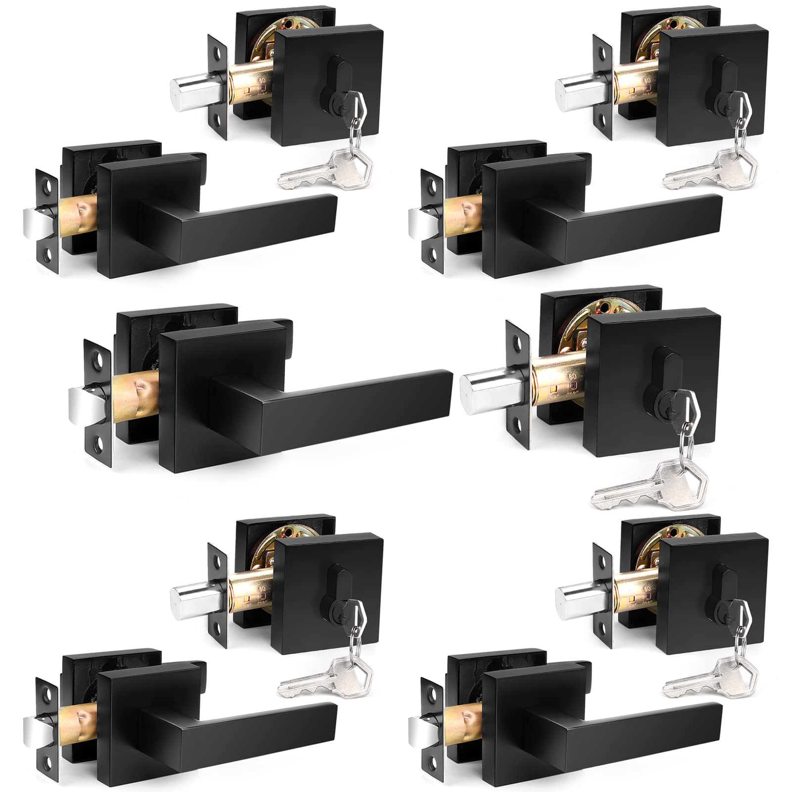 Probrico Flat Black Passage Door Lever with Single Cylinder Deadbolts ...