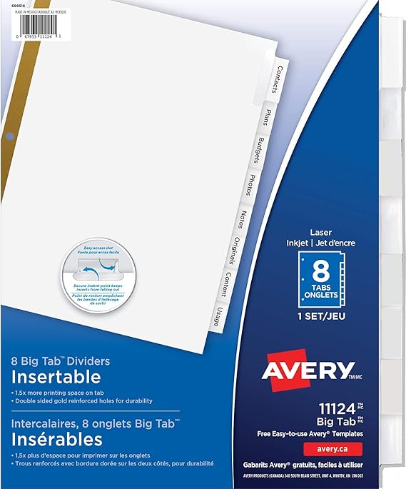 Avery 11124 Separador Láser/Inkjet 8-Pestañas Transparentes Insertables ...