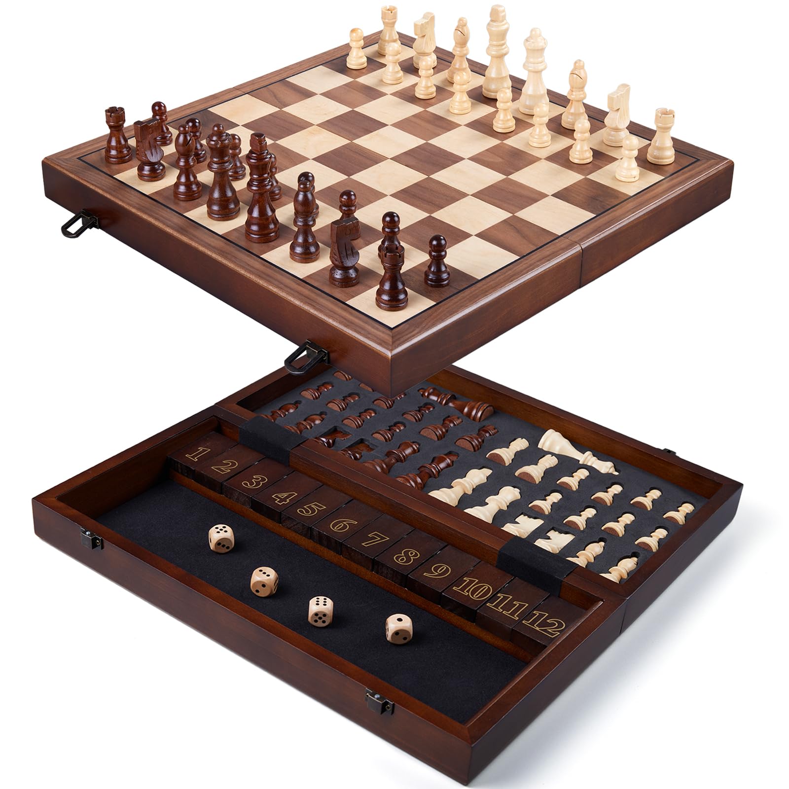 BIVOMON 15'' Wooden Chess Set with Shut The Box Game, Magnetic Chess ...