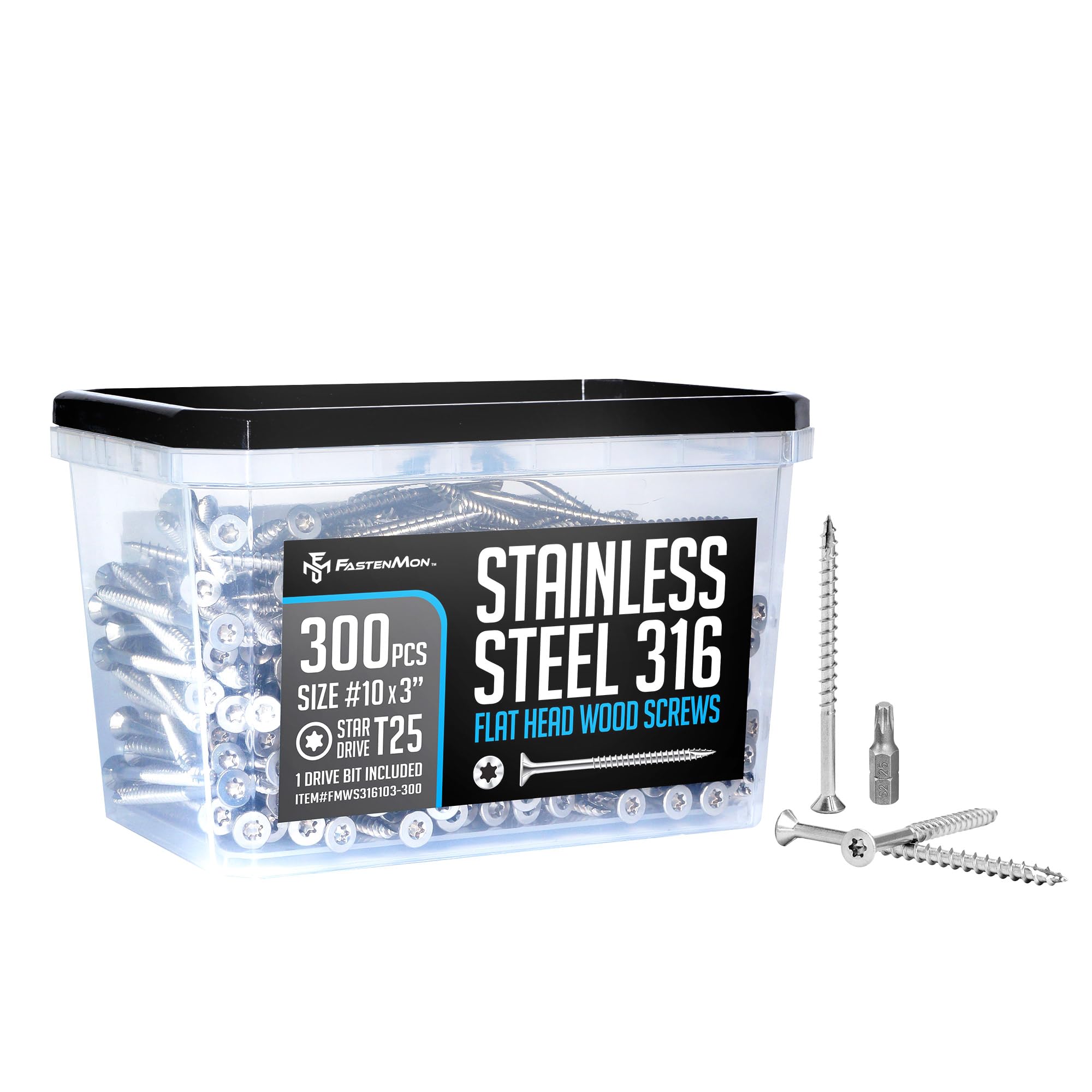 FM FastenMon #10 x 3 Marine Grade Type 316 Stainless Steel Wood Screws - 300 Pack with T25 Bit ...