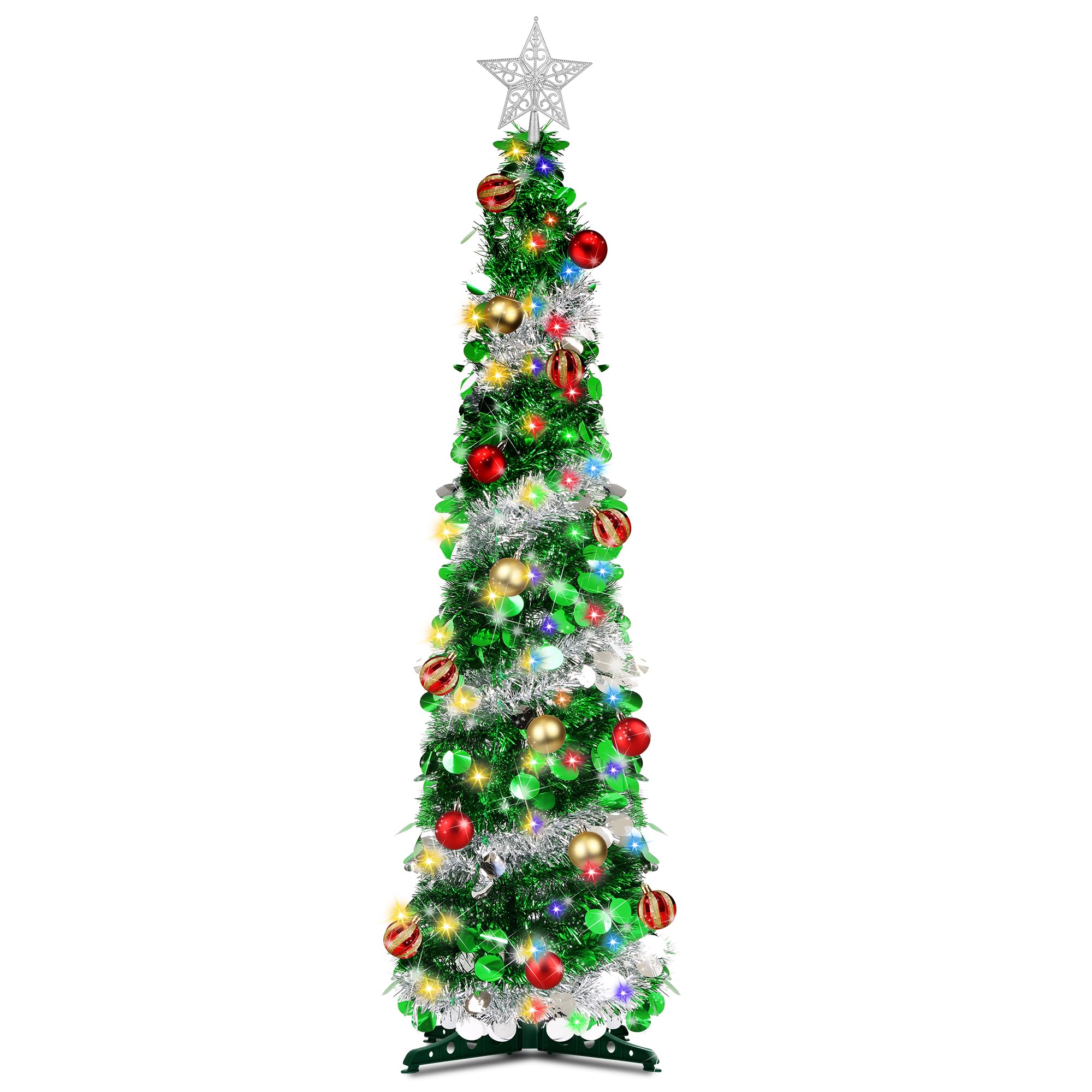 5 Ft Pop Up Christmas Tinsel Tree with Timer Warm White & Multi Color ...