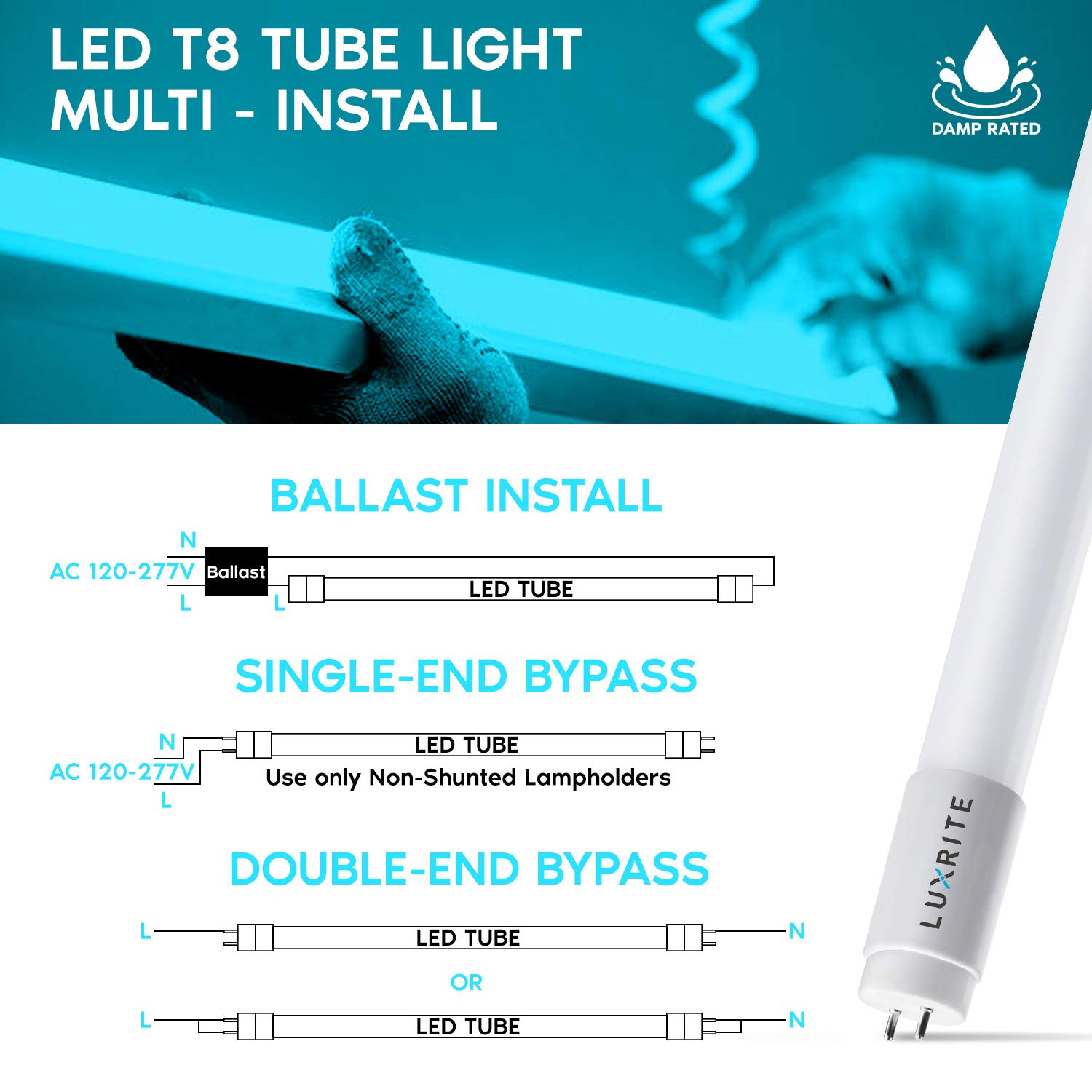 Luxrite 4FT T8 LED Tube Light, Ballast and Ballast Bypass Compatible ...